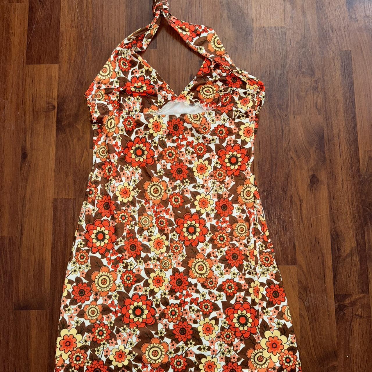 Orange and red floral halter dress... | Depop