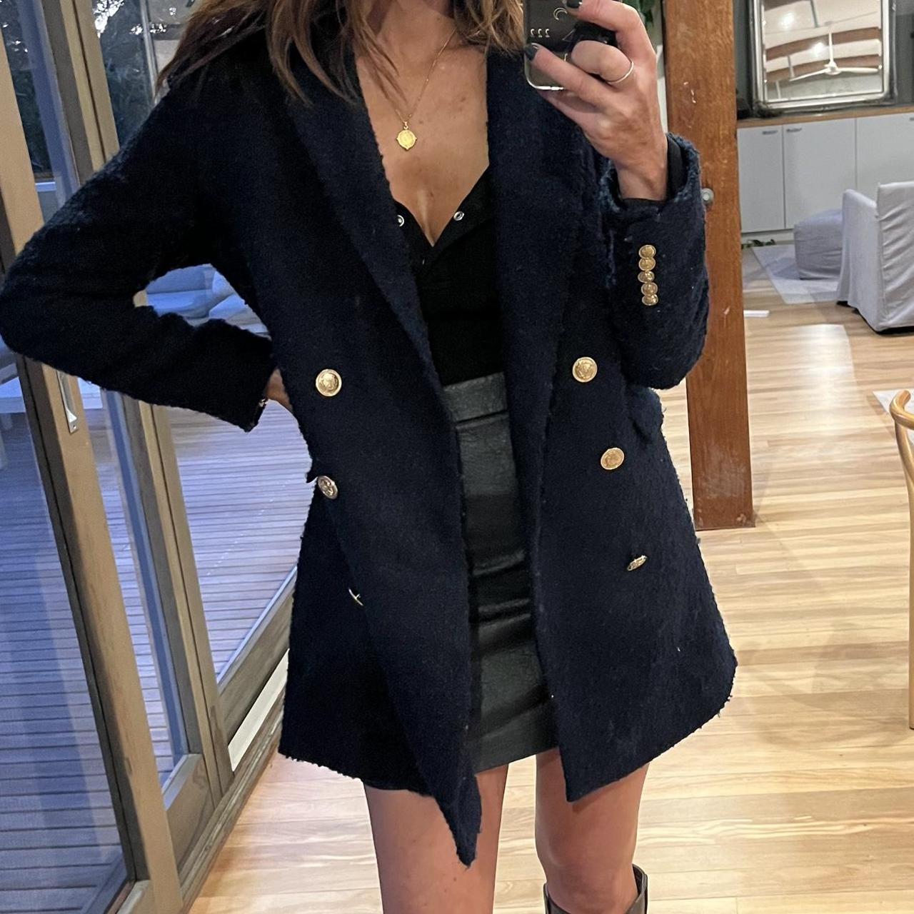 Decjuba coat midnight blue gold buttons size 12 - Depop