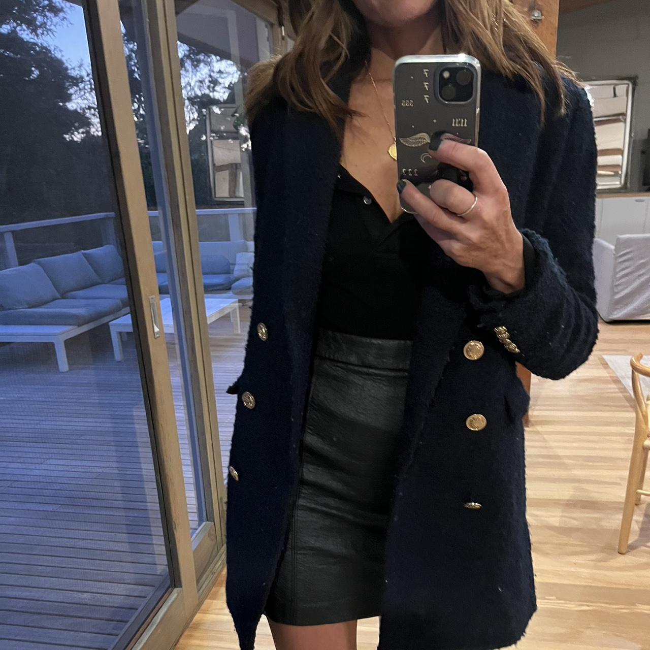 Decjuba coat midnight blue gold buttons size 12 - Depop