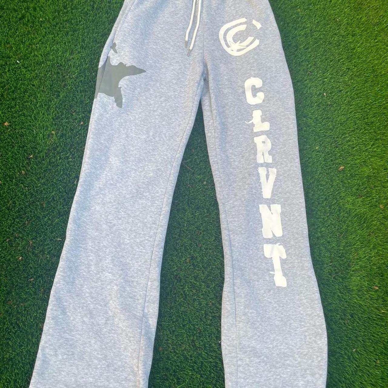 Grey and white Clrvnt Flared sweatpants size M 100%... - Depop