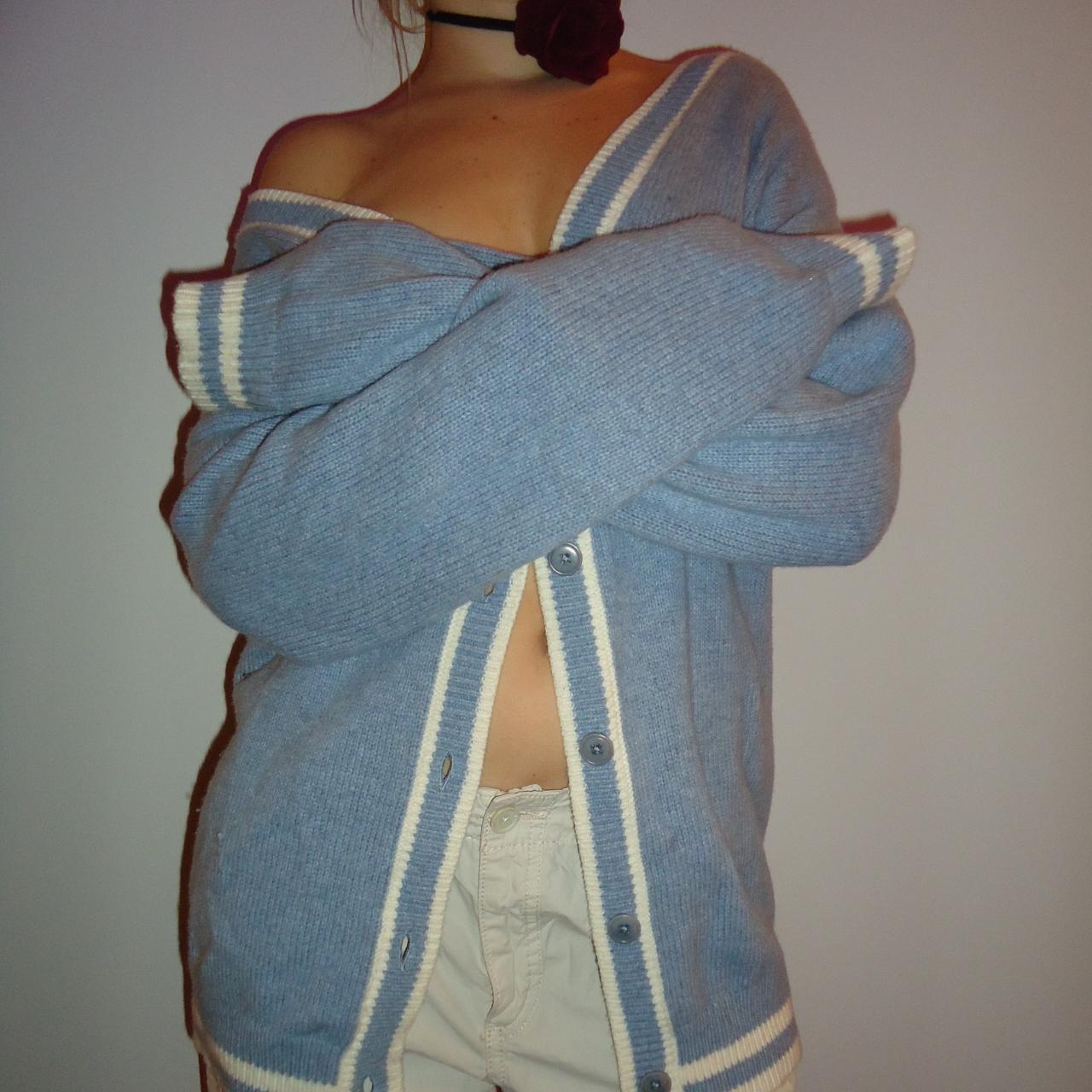 Sunday Best, blue, fuzzy cardigan with white... - Depop