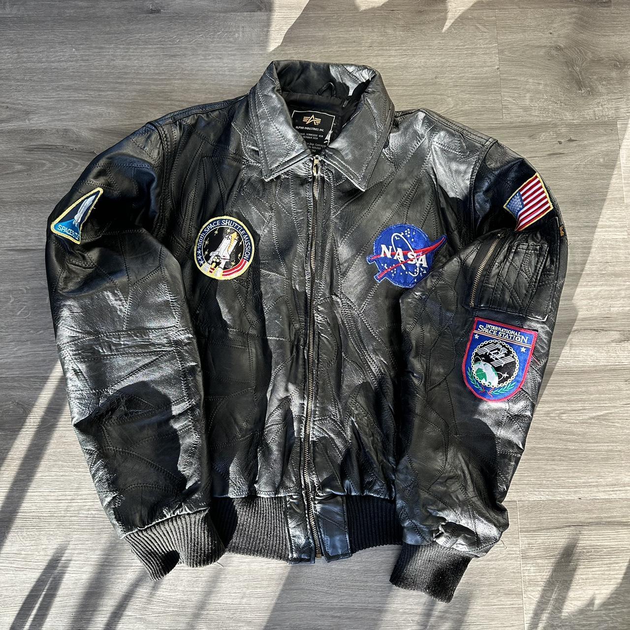 90s leather nasa jacket Cool patches Size... - Depop