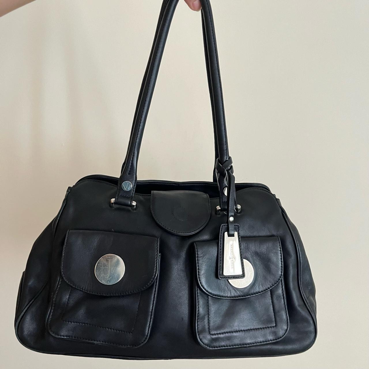 Vintage Black leather shoulder bag with silver... - Depop
