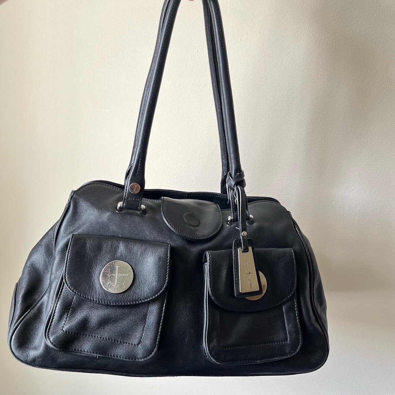 Vintage Black leather shoulder bag with silver... - Depop