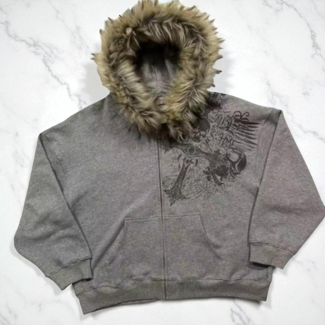 ☁️ Grey Y2K Grunge Fur-Lined Hoodie ☁️ Cozy, soft... | Depop