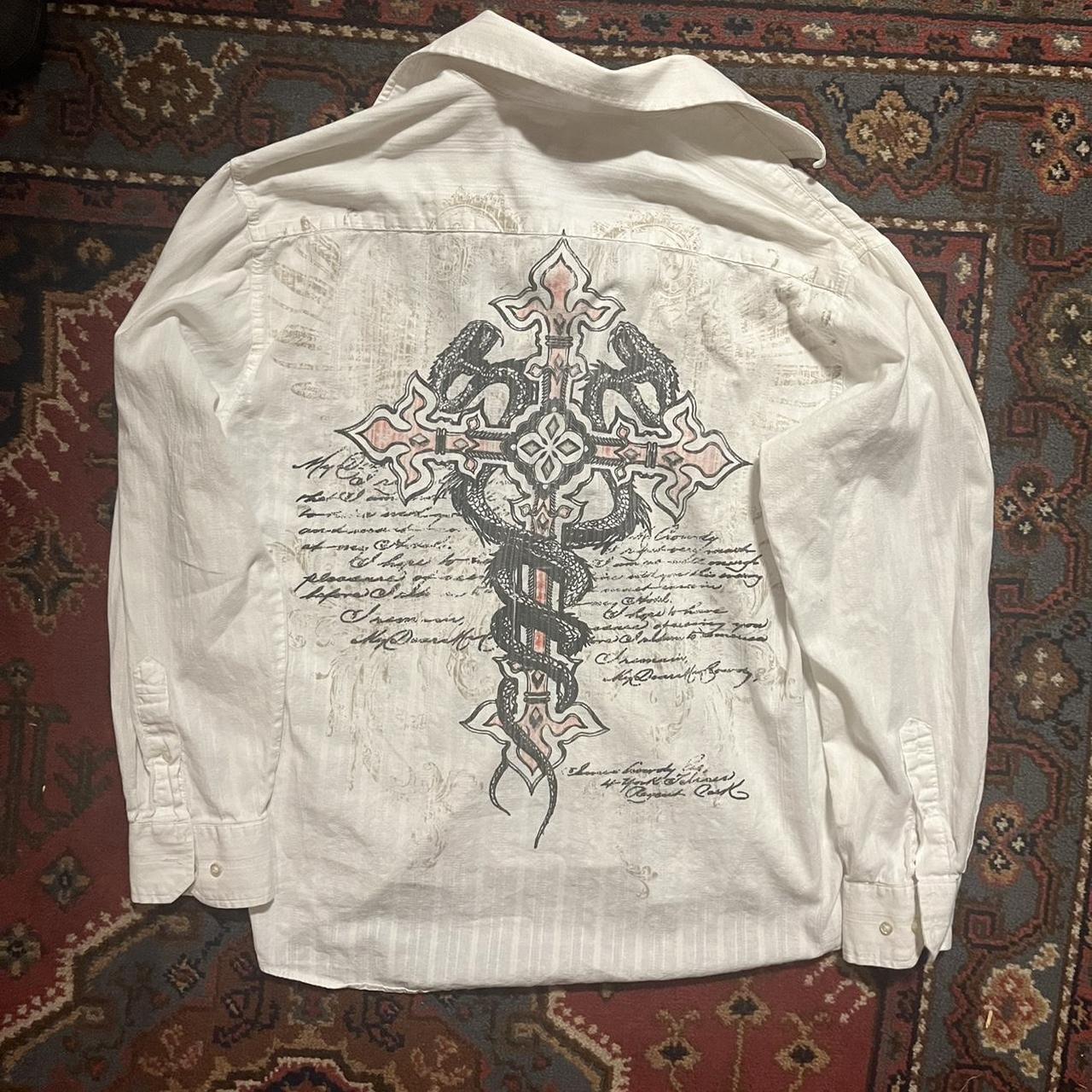 Super sick cross button up with crazy graphics and... - Depop