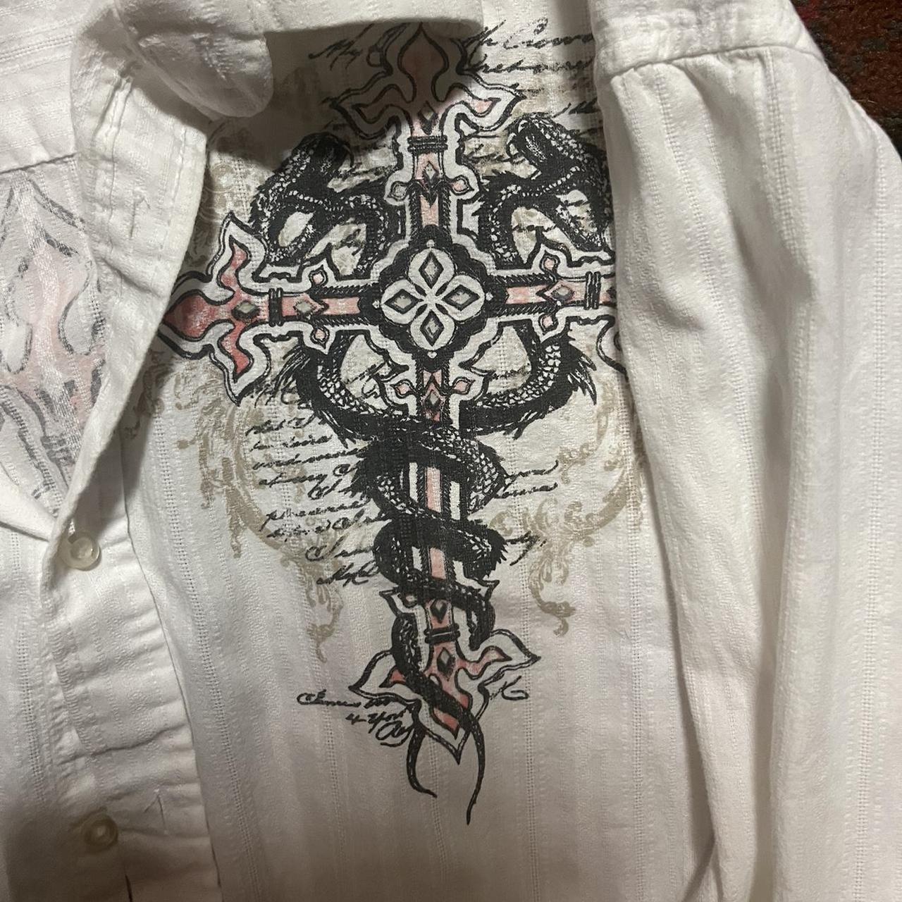 Super sick cross button up with crazy graphics and... - Depop