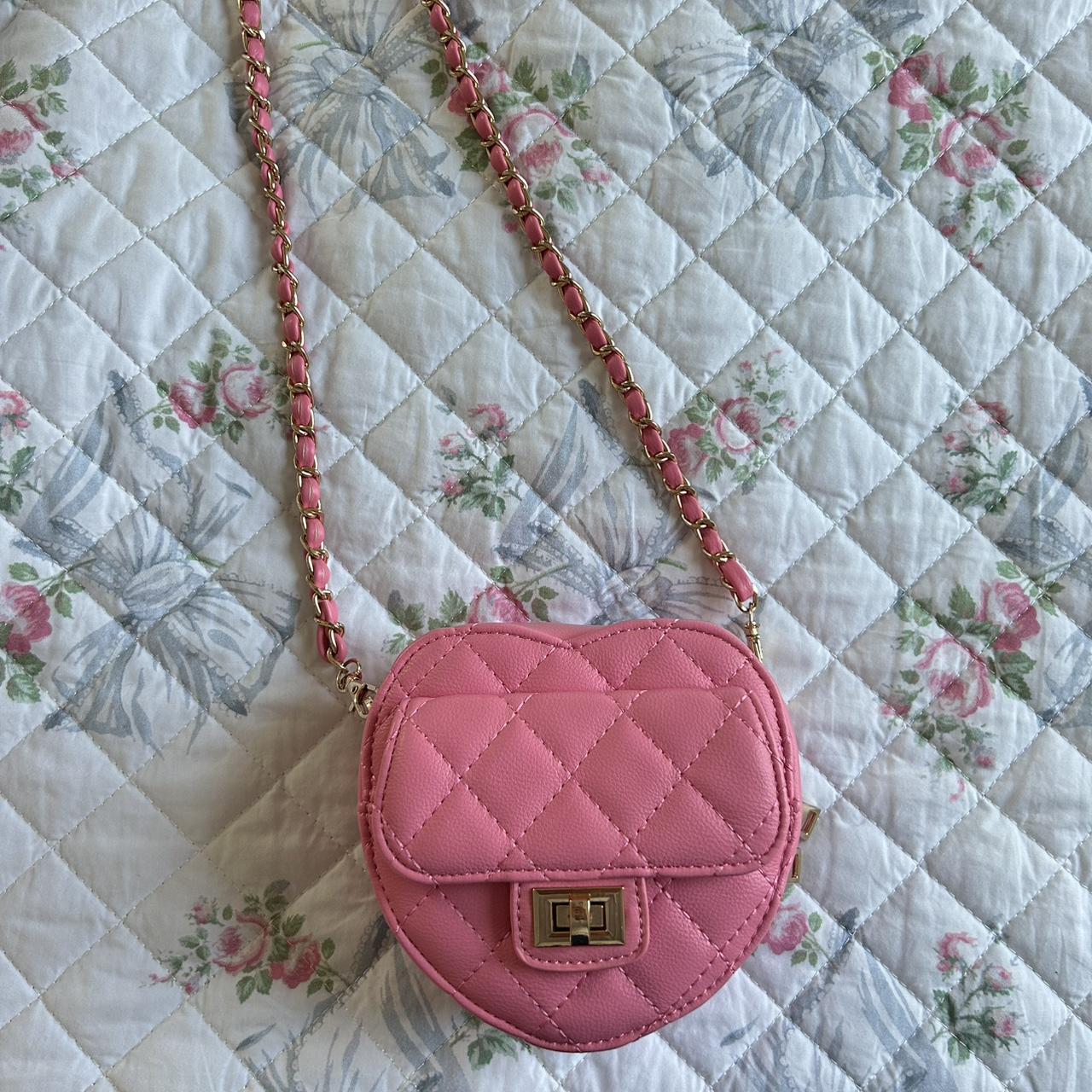 Francesca’s hot pink quilted heart purse with gold... | Depop
