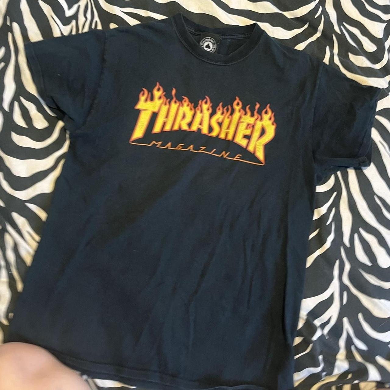 thrasher classic black logo t shirt size medium... - Depop