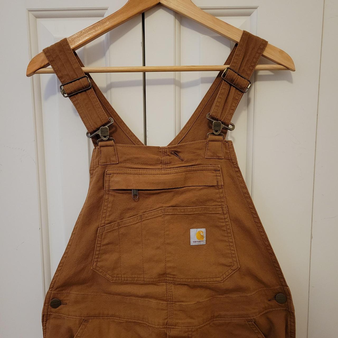 Brown Denim Carhartt Utility Overalls with Metal... | Depop