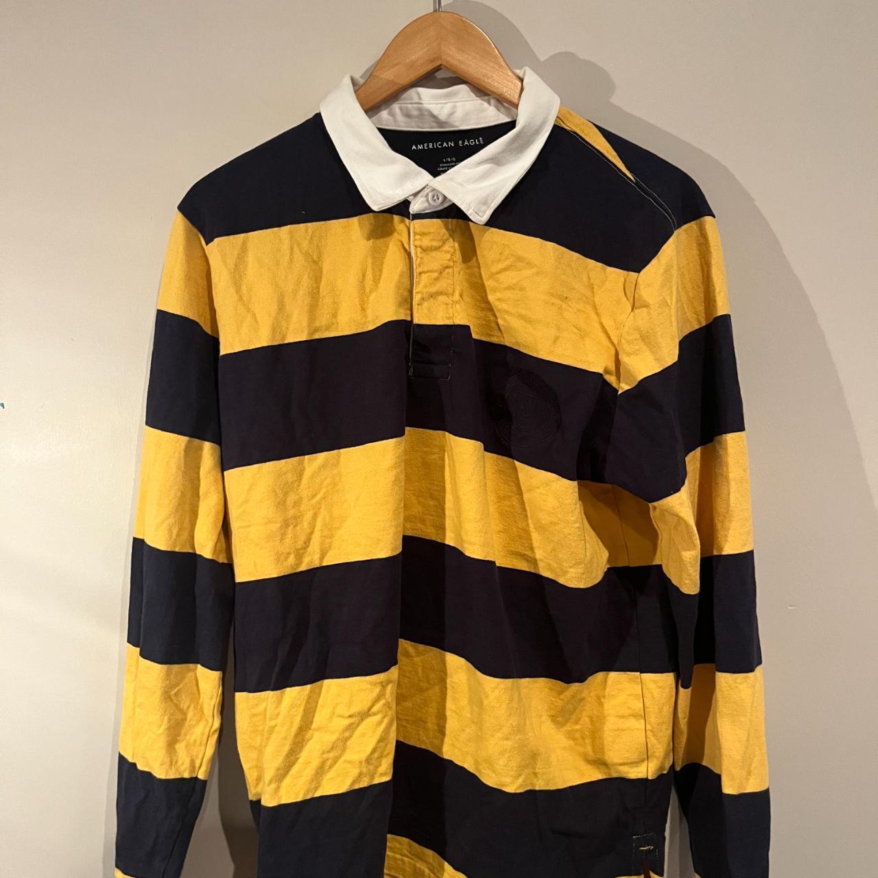 American Eagle Rugby shirt Blue and Yellow Men's... | Depop
