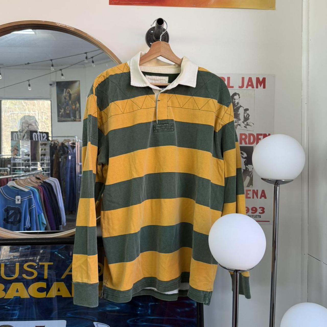 Green and yellow striped rugby shirt streetwear... | Depop