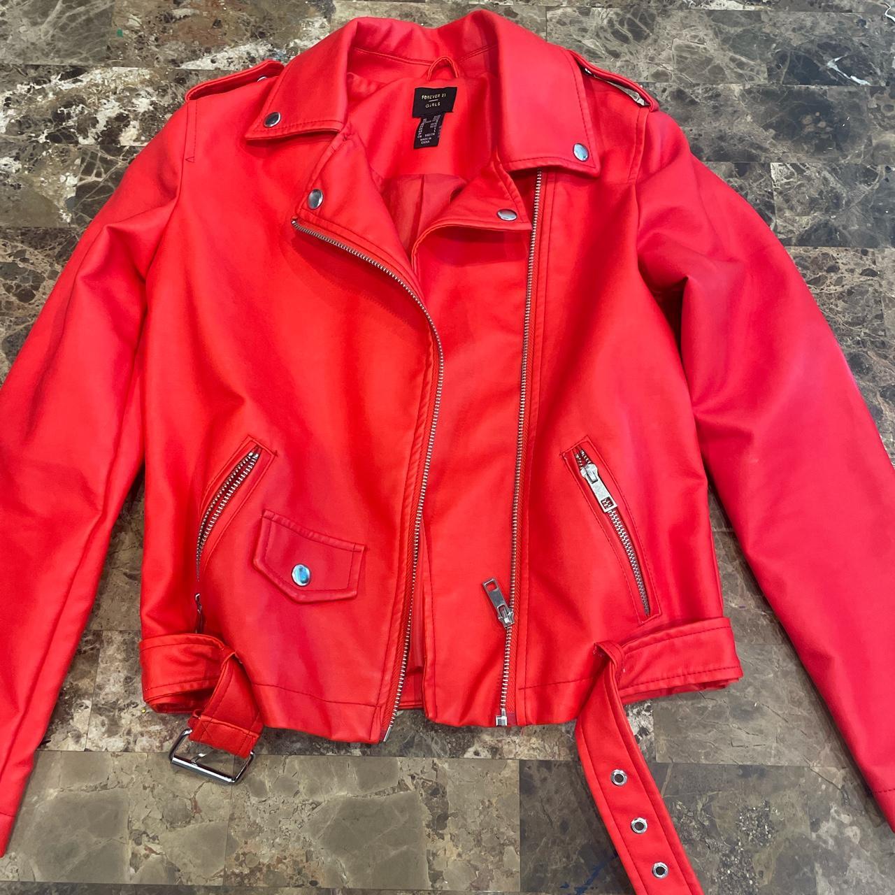 grunge forever 21 girls(kids) red leather jacket... - Depop