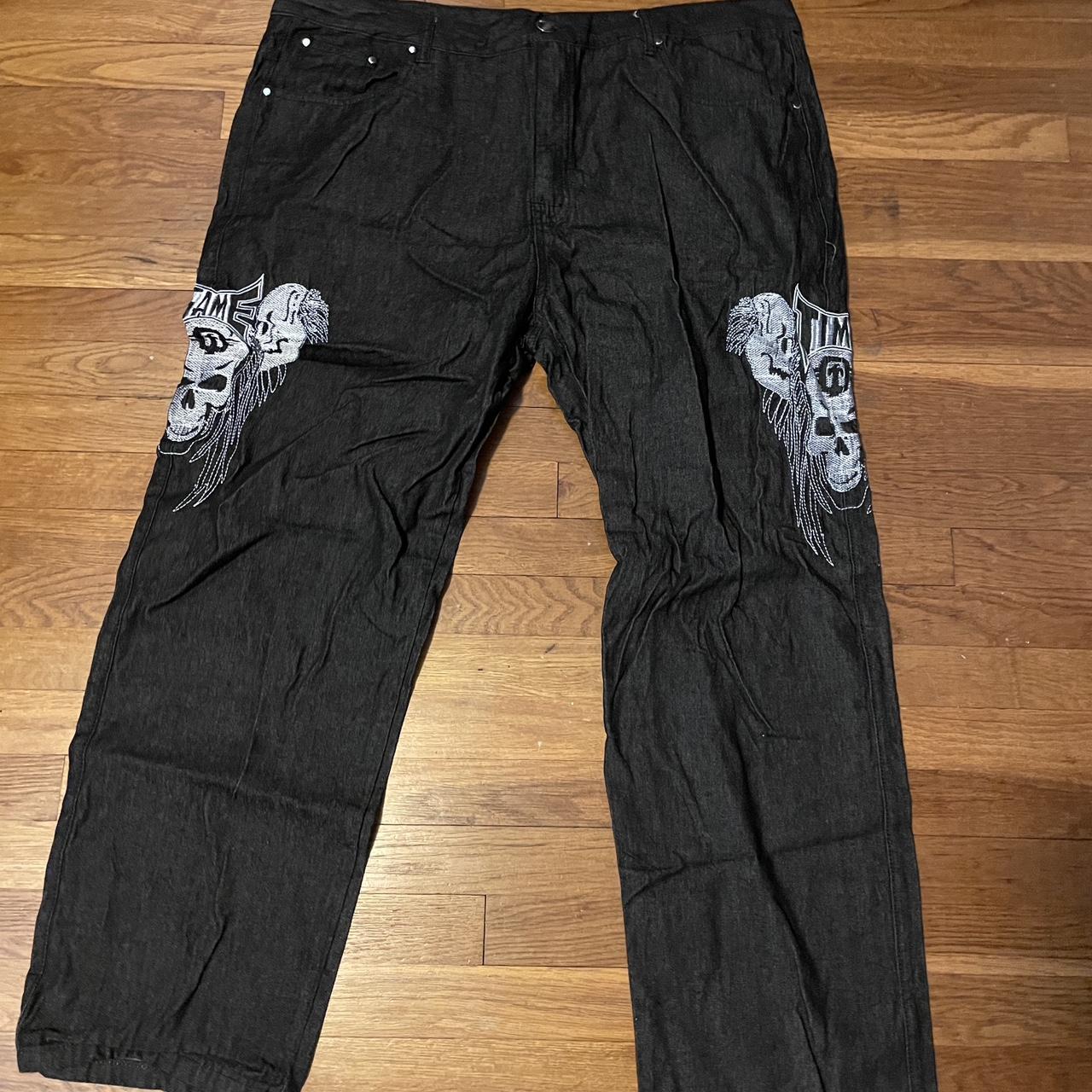game time black baggy jeans with designs size... - Depop
