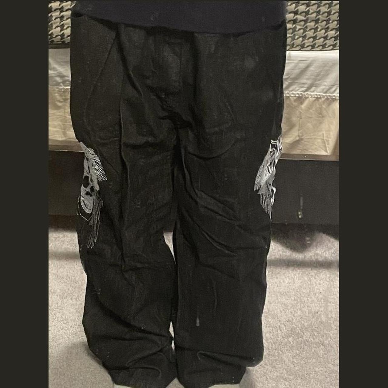game time black baggy jeans with designs size... - Depop