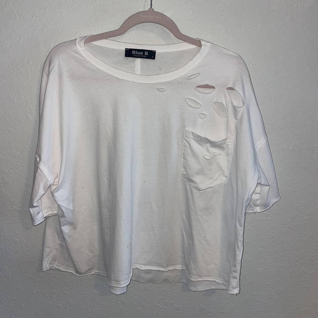 Oversized white distressed tshirt. Has small stain... - Depop