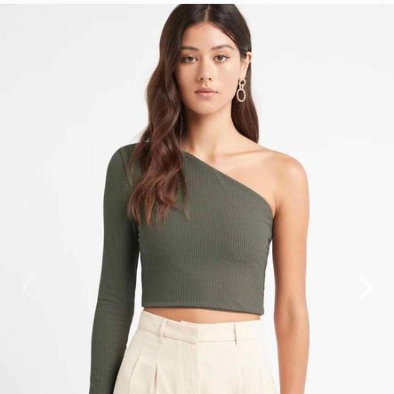 KOOKAI one shoulder ribbed top in khaki. Size AU... - Depop
