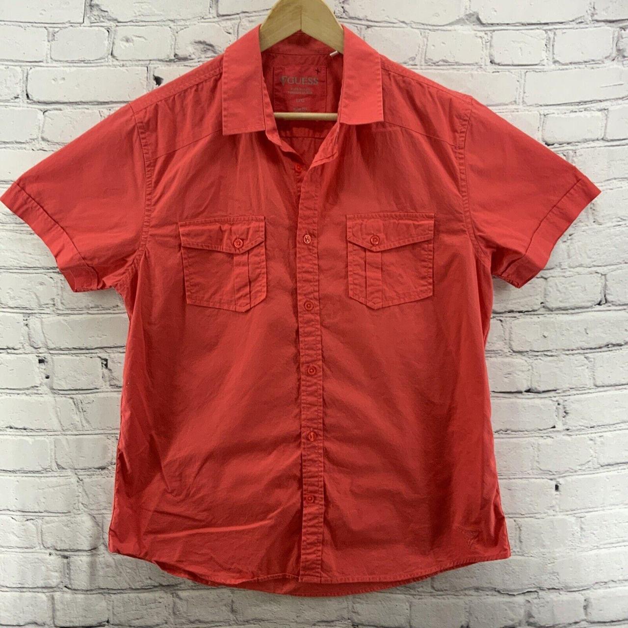 Guess Button Down Shirt Mens Sz L Red Short Sleeve... - Depop