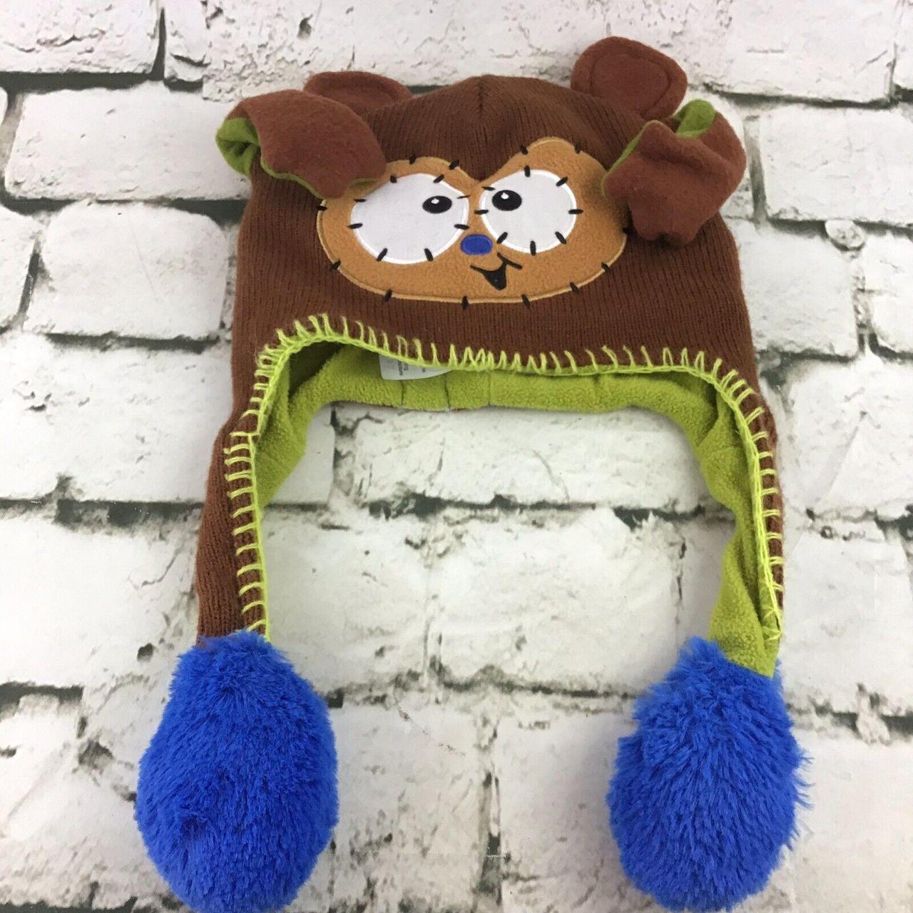 Flipeez Brown Monkey Hat Knit Fleece Ears Pop Up... - Depop