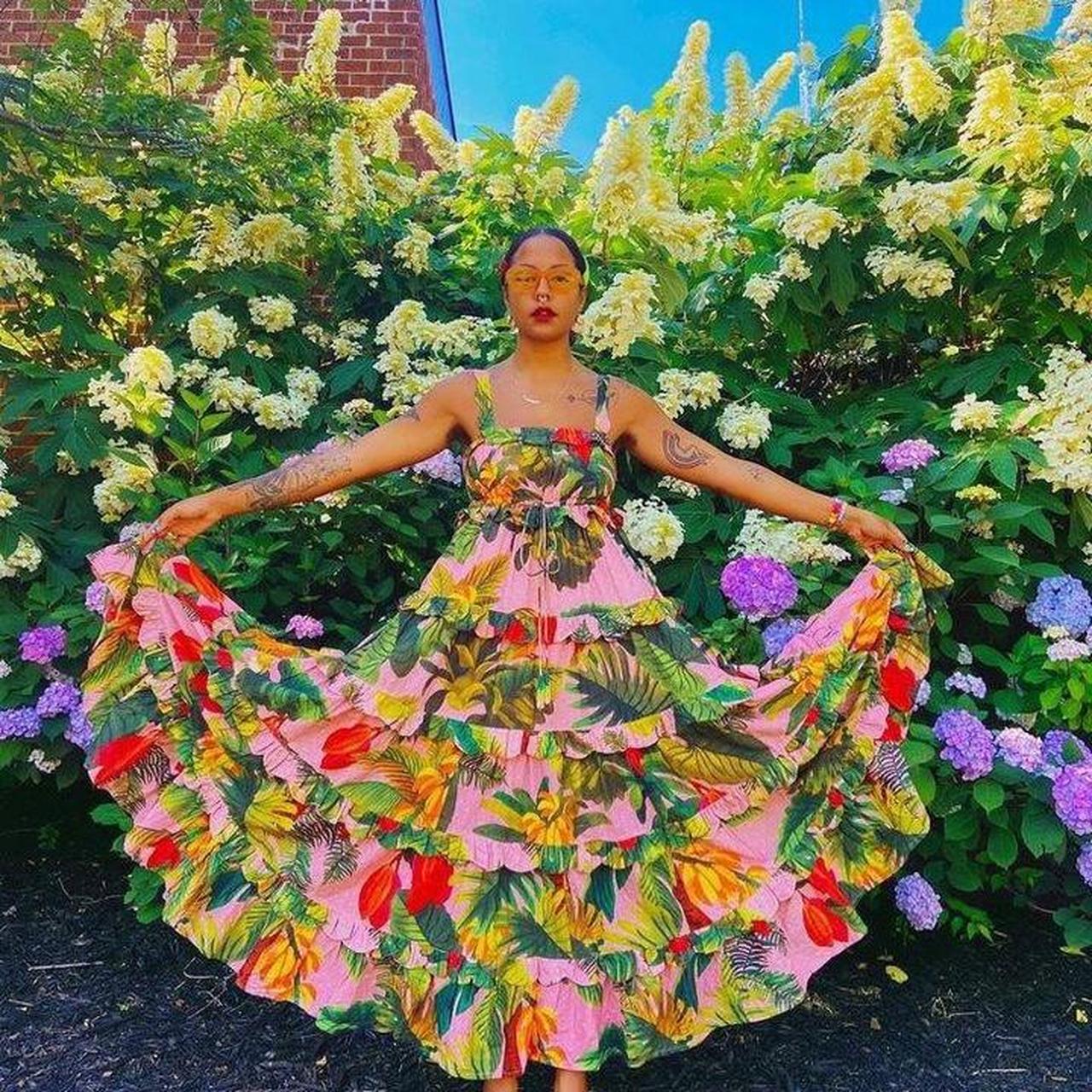 FARM Rio Pink Cocoa Forest Floral Ruffle Tiered Maxi... - Depop