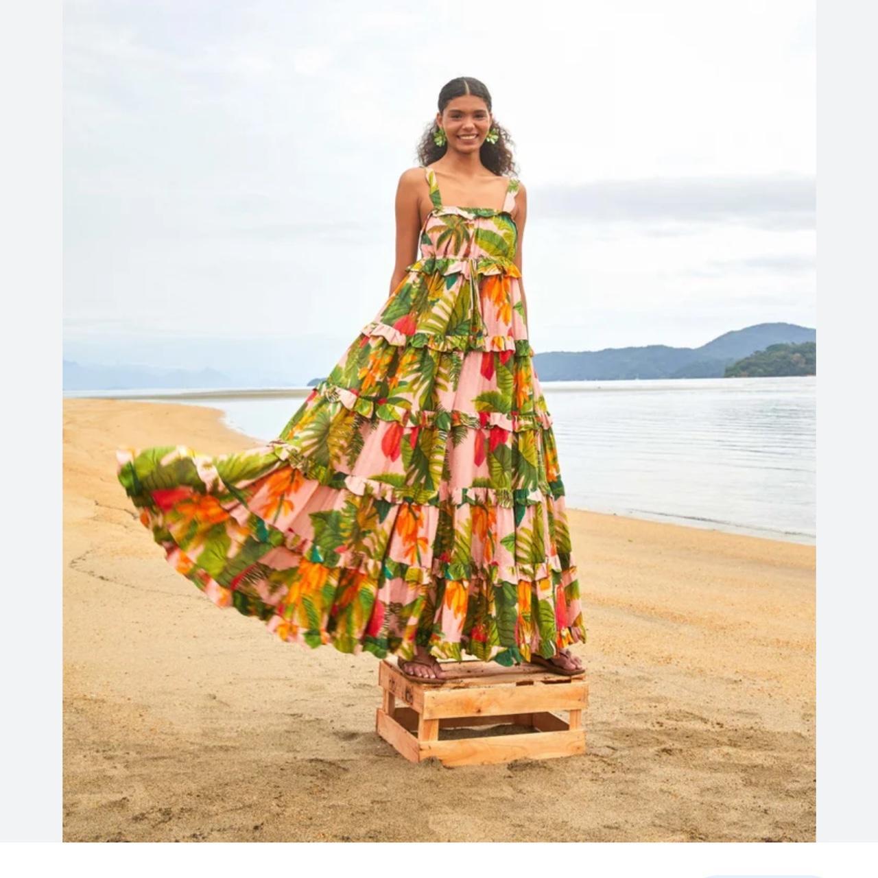 FARM Rio Pink Cocoa Forest Floral Ruffle Tiered Maxi... - Depop