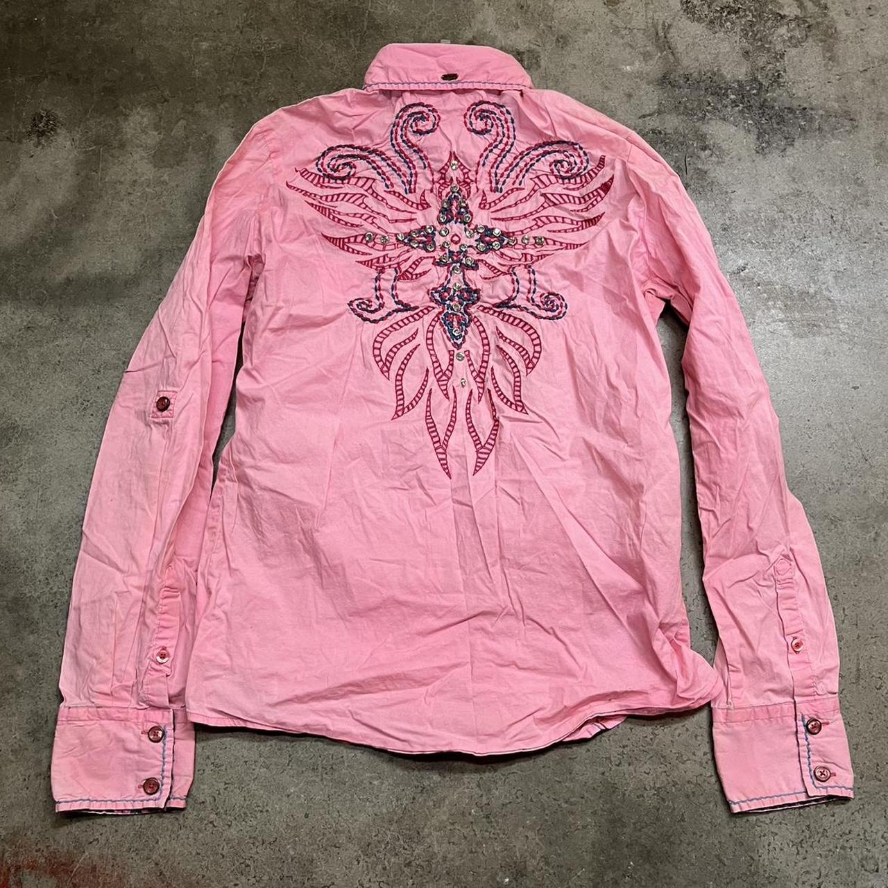 Affliction style y2k grunge roar rhinestones button... | Depop