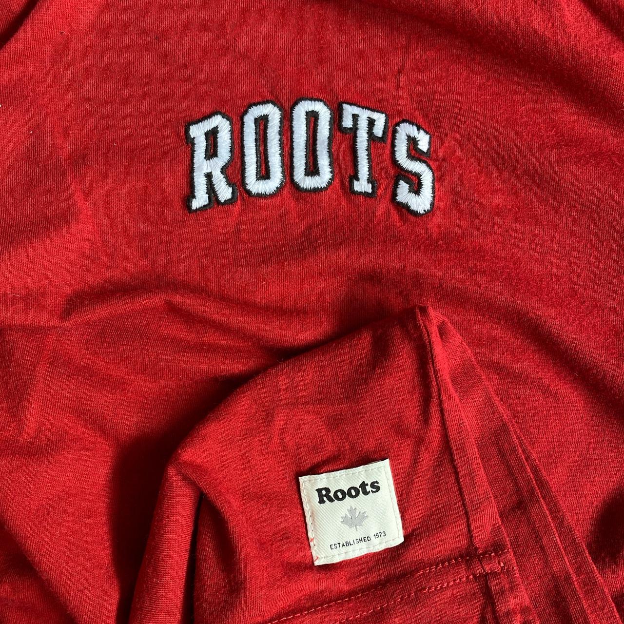 ROOTS - LOGO EMBROIDERED RED T-SHIRT SIZE / - XXL... - Depop