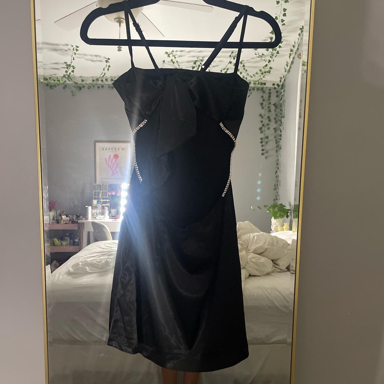 Black satin Rhinestone detail dress Size... - Depop Black satin Rhinestone detail dress Size... - Depop