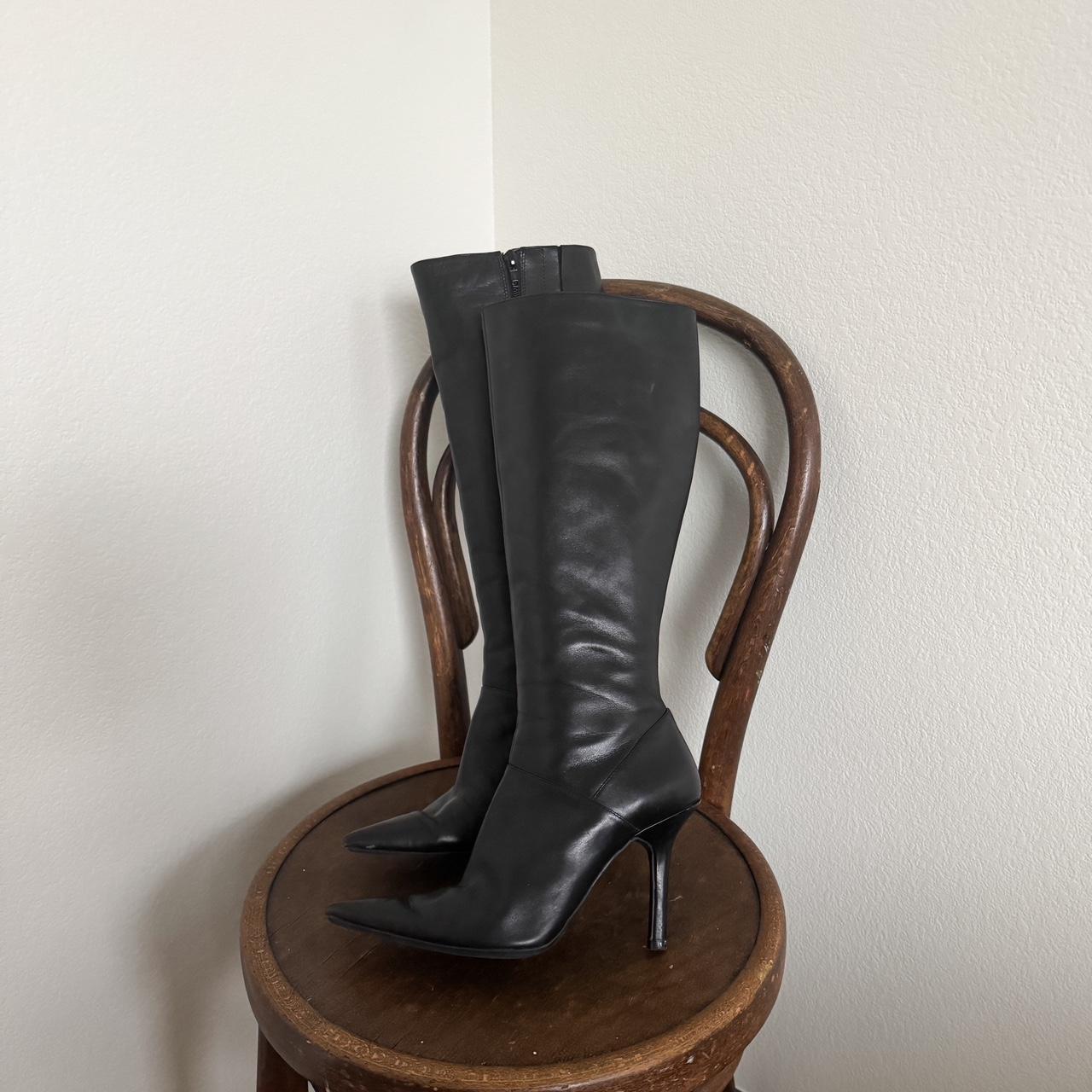 Black Leather Knee High Boots Kitten Heel Y2K /... | Depop