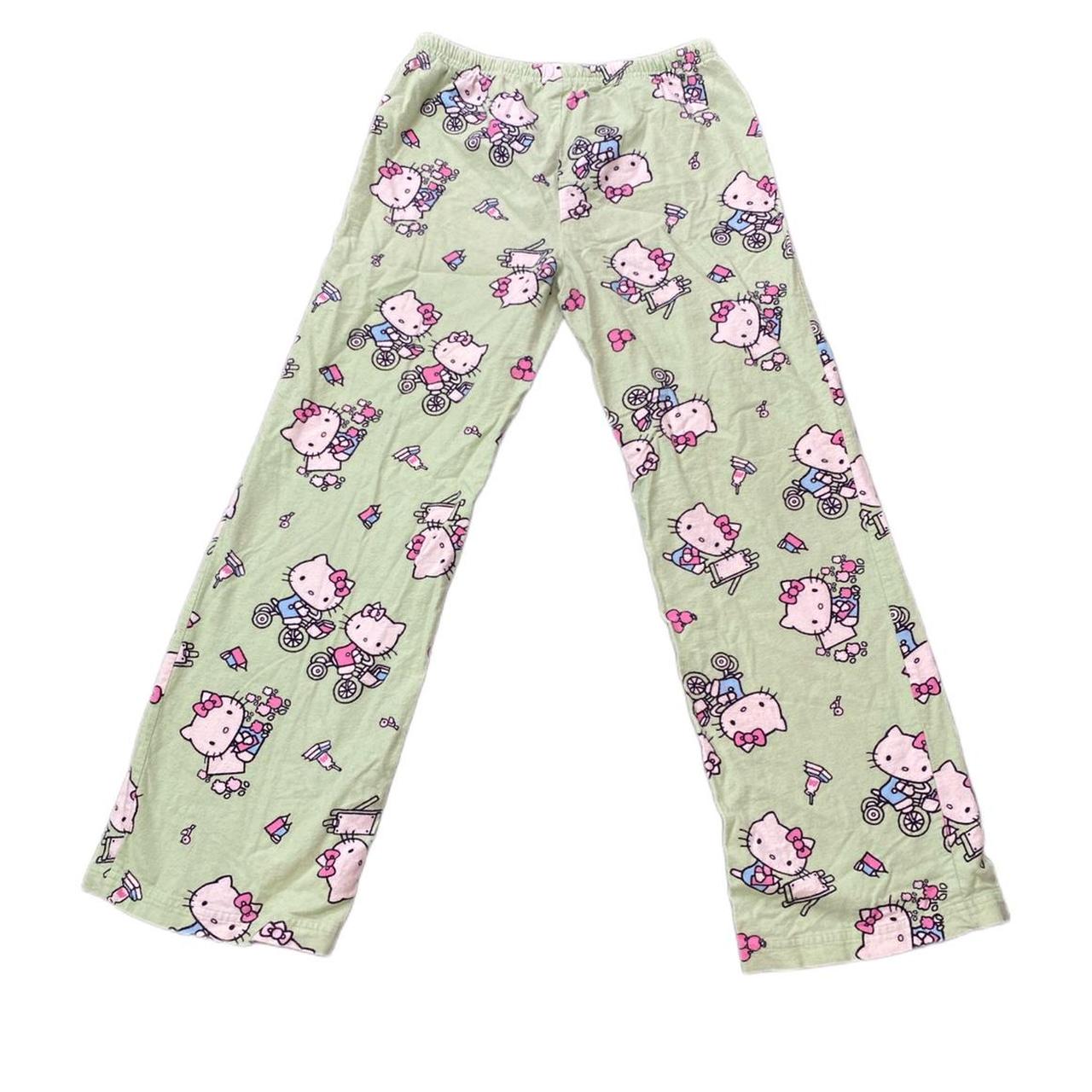 hello kitty pj pants y2k light green with pink... - Depop