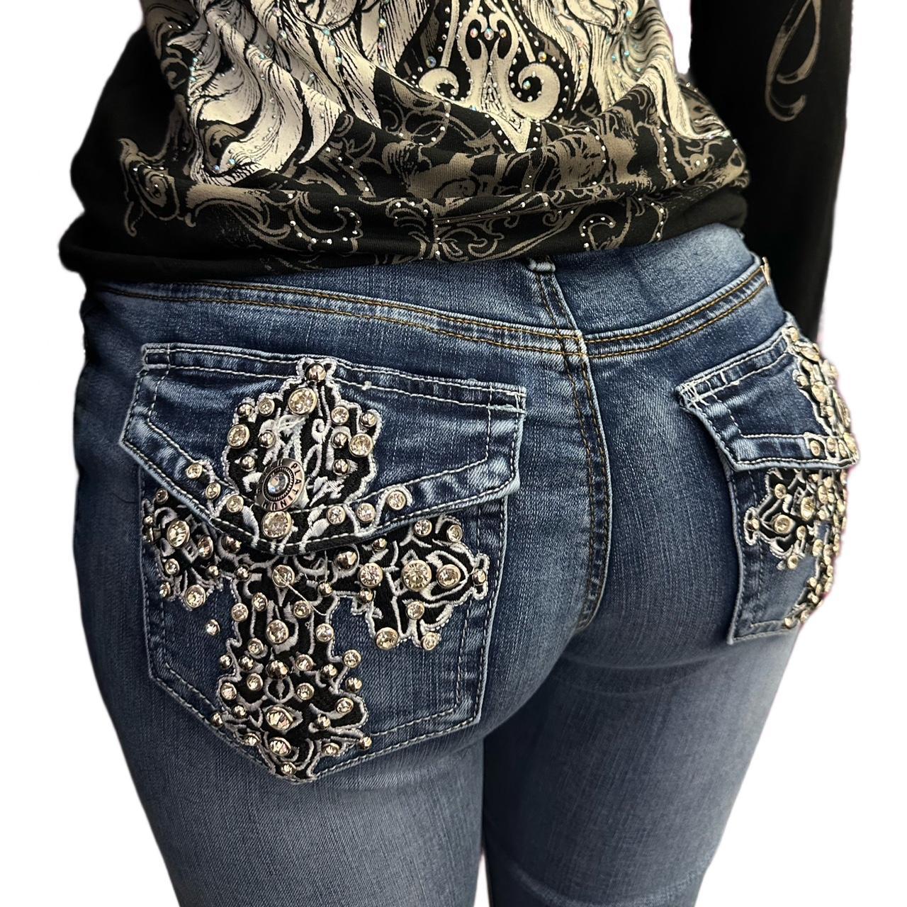 y2k cross bling tramp stamp jeans cross and... - Depop