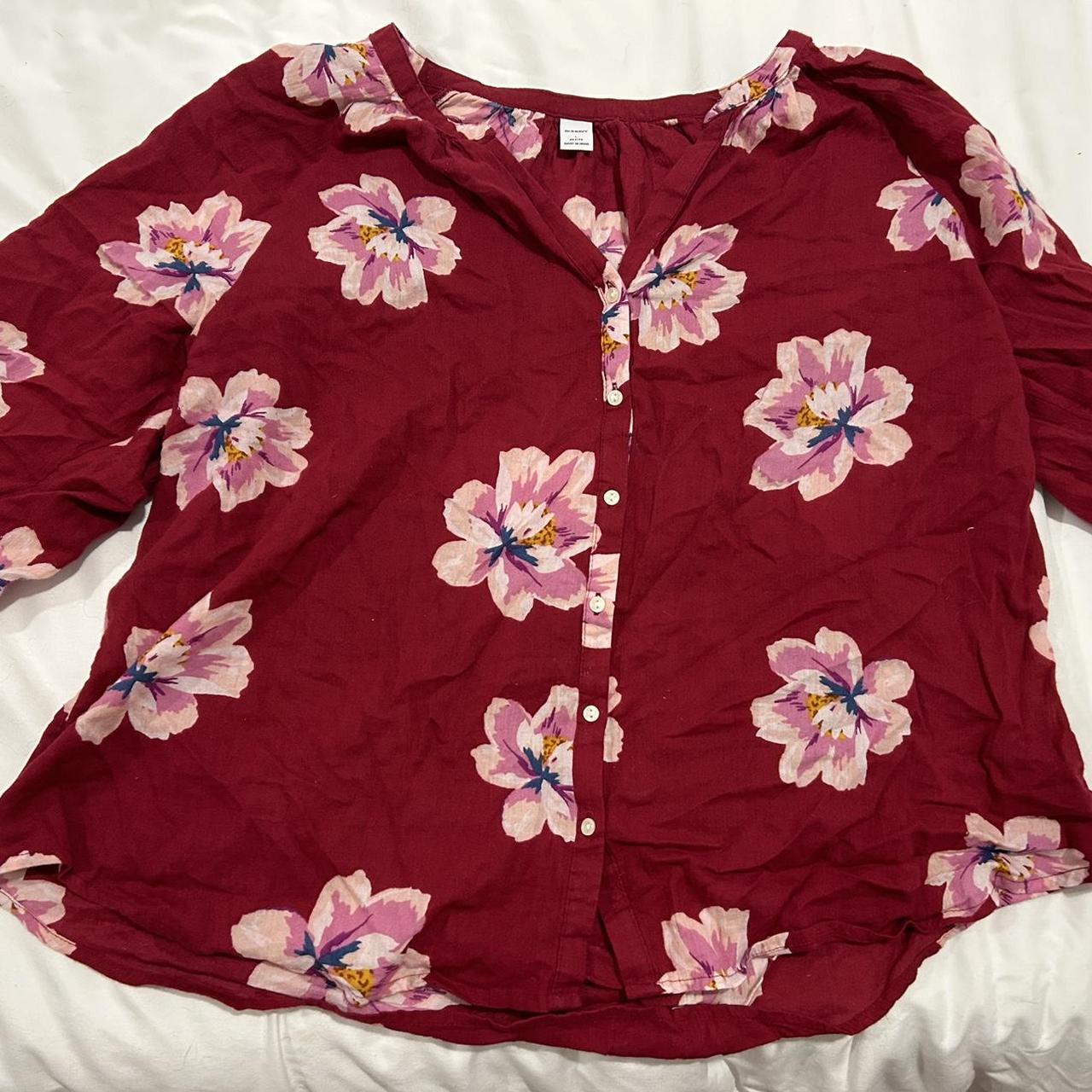 Women’s red blouse with pink flowers; large petite... - Depop