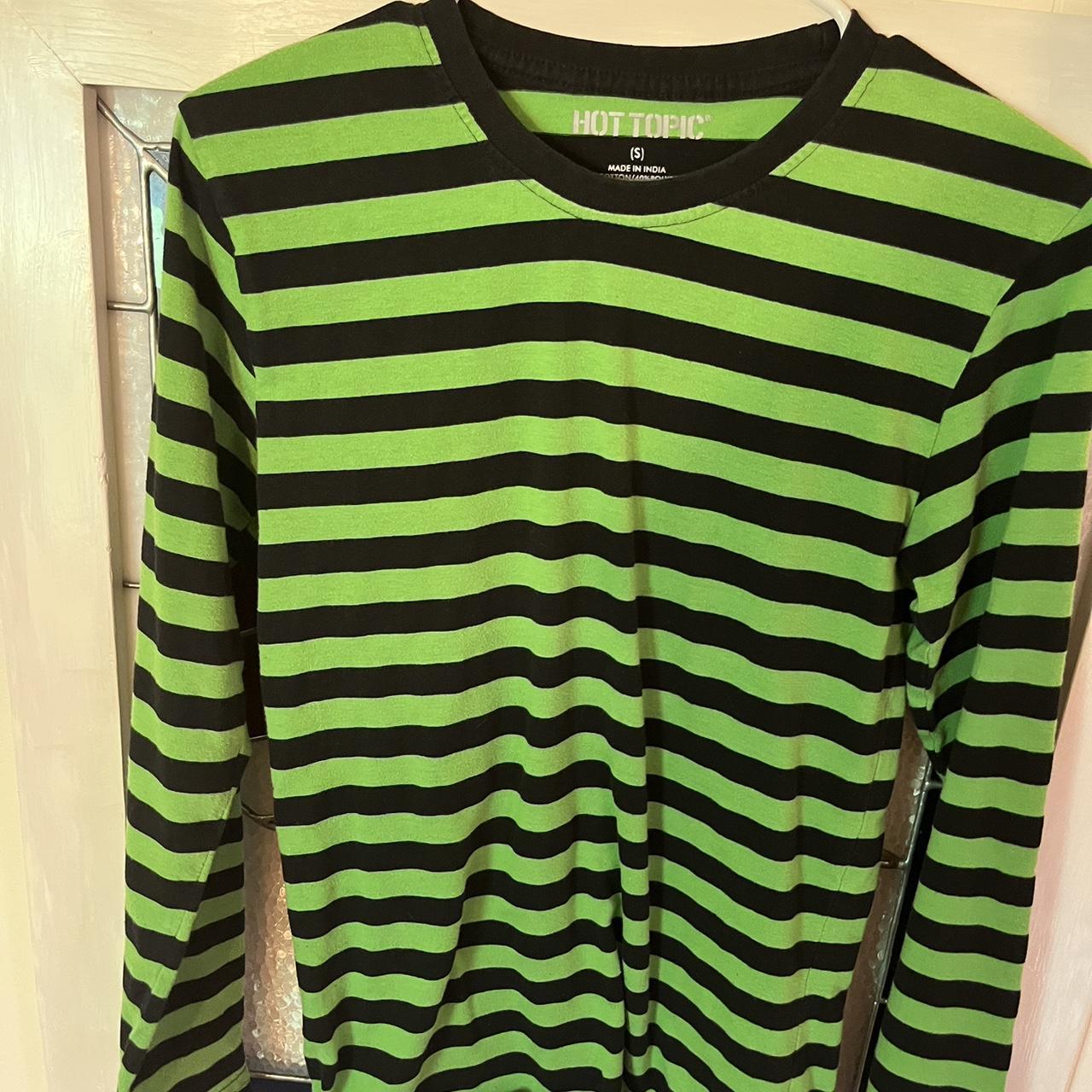 Hottopic green and black stripe long sleeved shirt.... - Depop