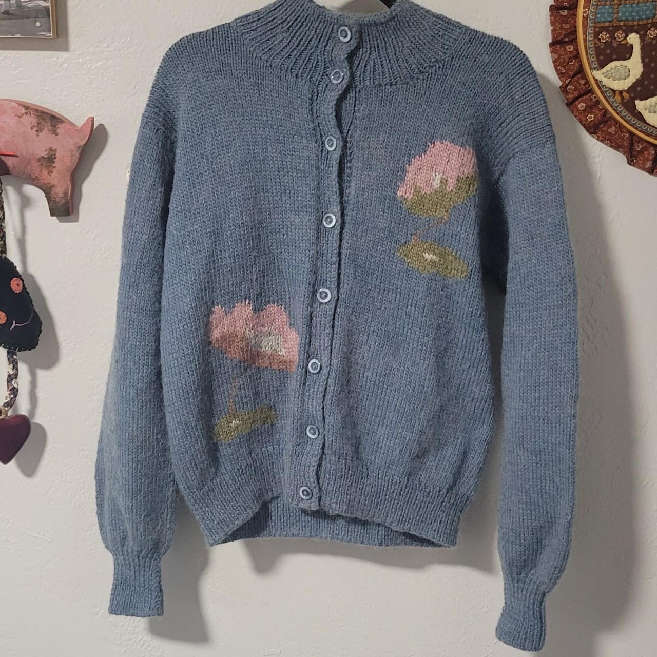 Handknit vintage wool cardigan, dusky blue with... - Depop
