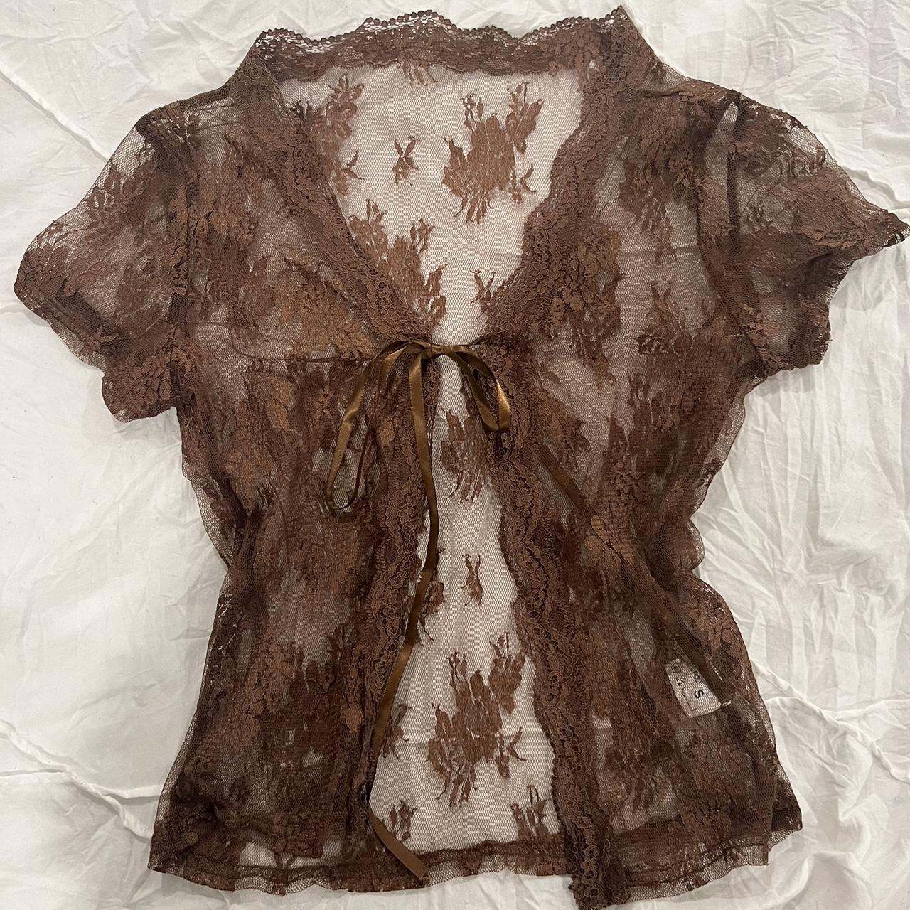 Cute lacy brown top with tie in the middle. Size... - Depop