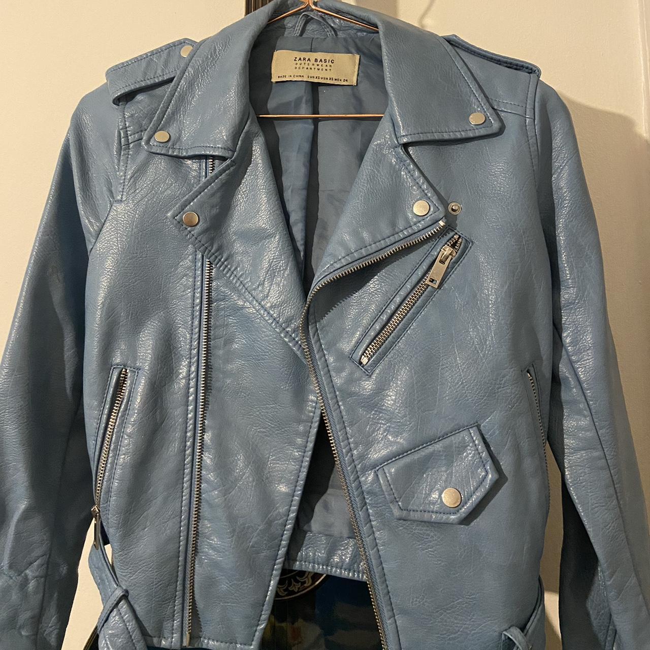 Light blue Zara leather jacket - only been worn a... - Depop