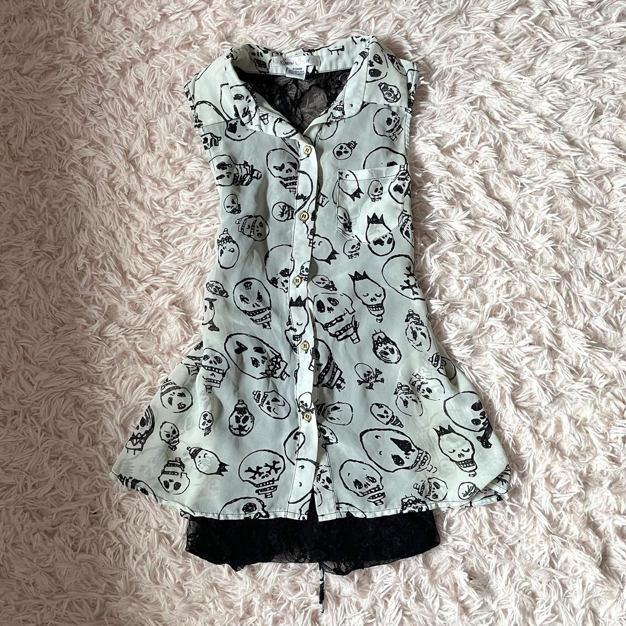 sheer lace skull button up - adjustable, would best... - Depop
