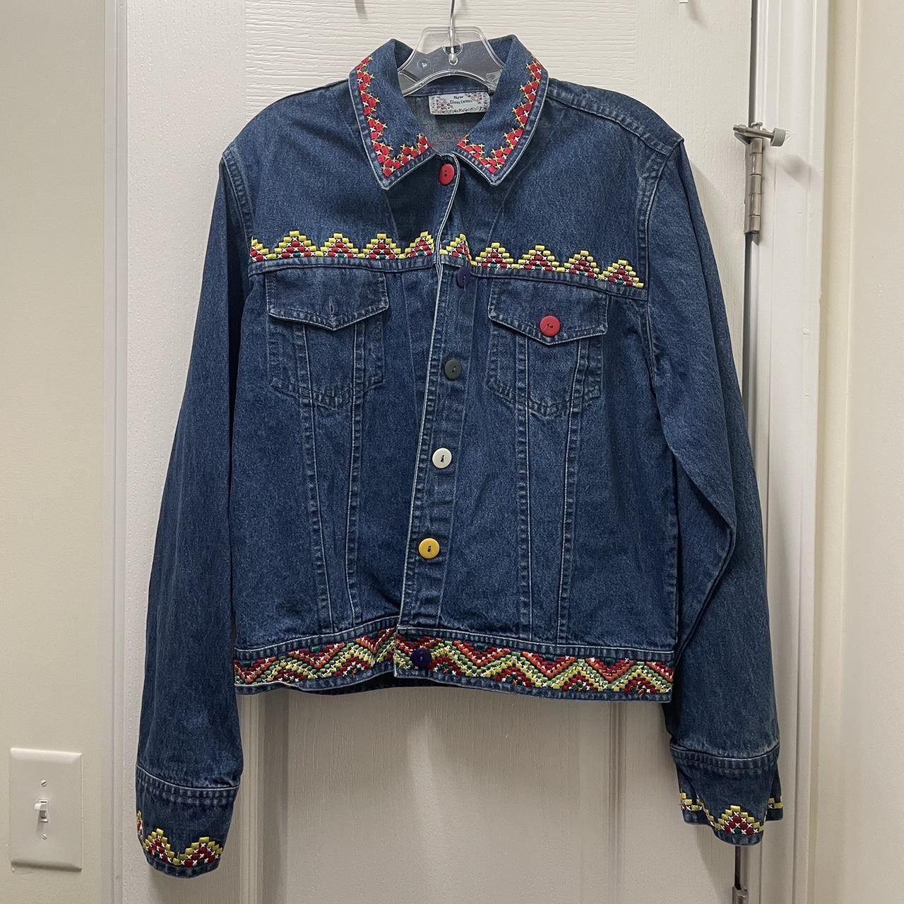 Aztec vintage denim jacket Size large fits cropped... - Depop