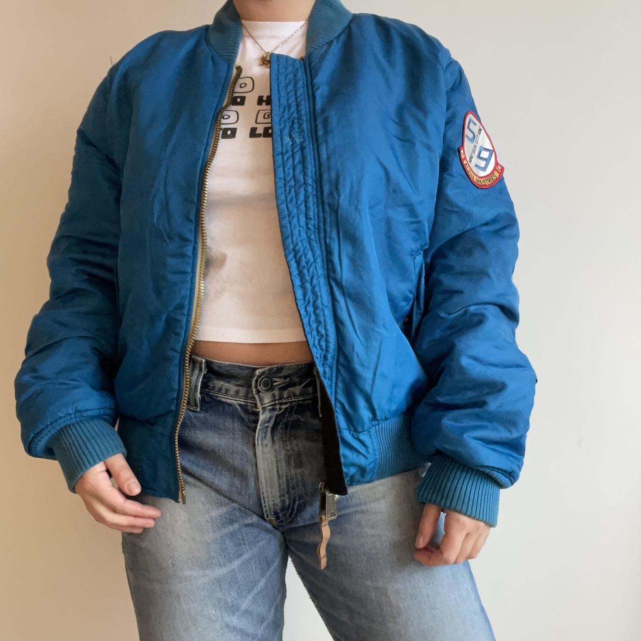 Cute vintage bright blue bomber jacket. Oversized... - Depop