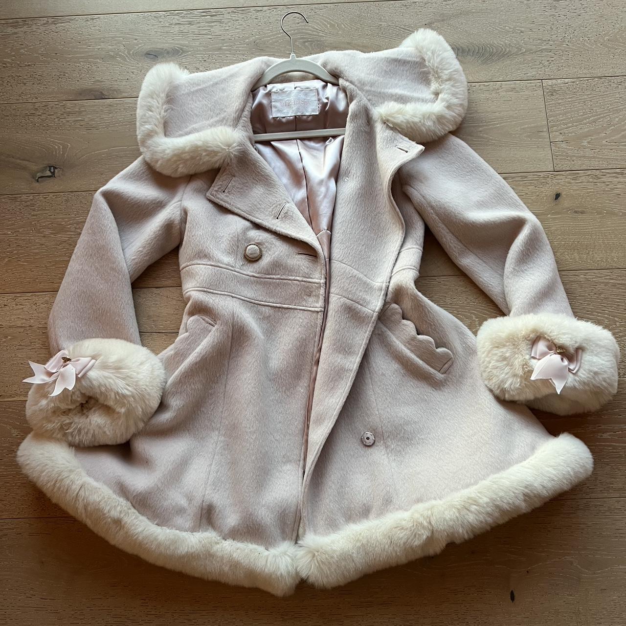 liz lisa pink and white faux fur mini coat - Depop