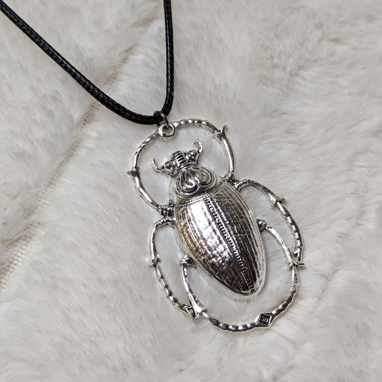 Gothic Silver Scarab Beetle Charm on a Rope... - Depop