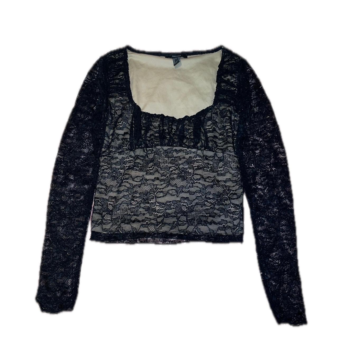 2000s black and white lace long sleeve top with a... - Depop