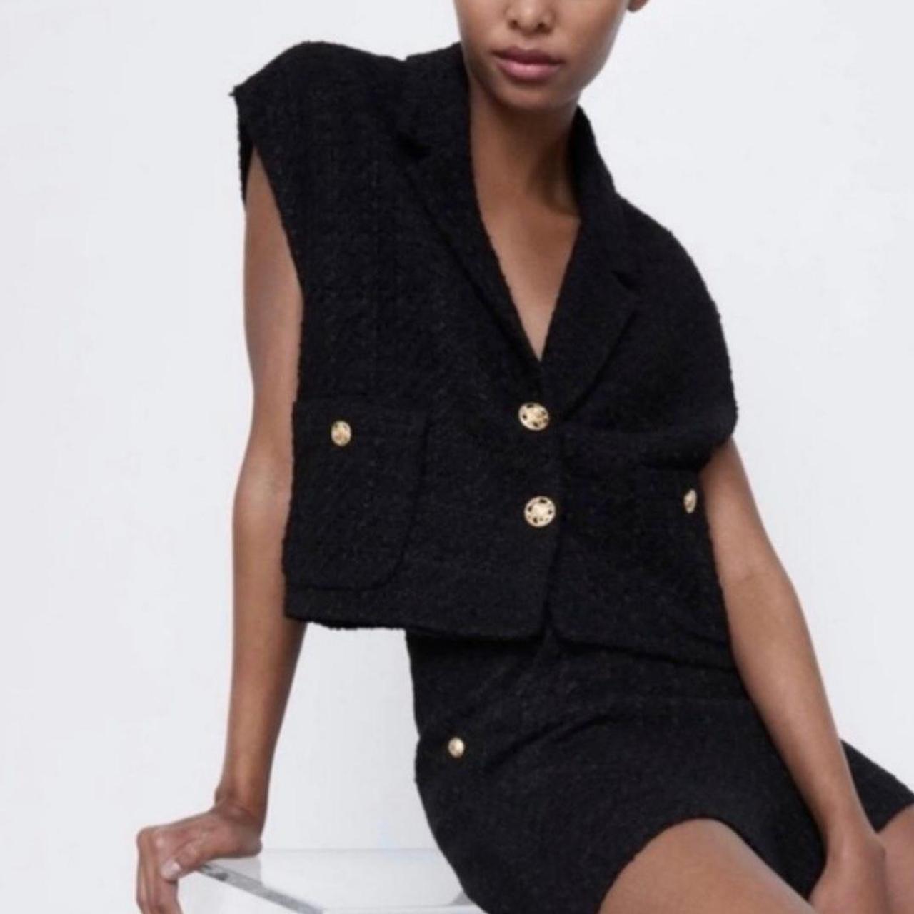Zara Black Tweed Vest with Gold Buttons. Never worn... | Depop