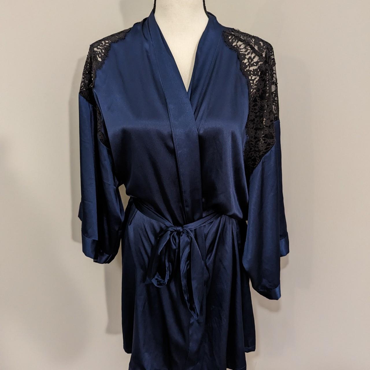 NWT Victoria secret satin and lace blue robe kimono... - Depop