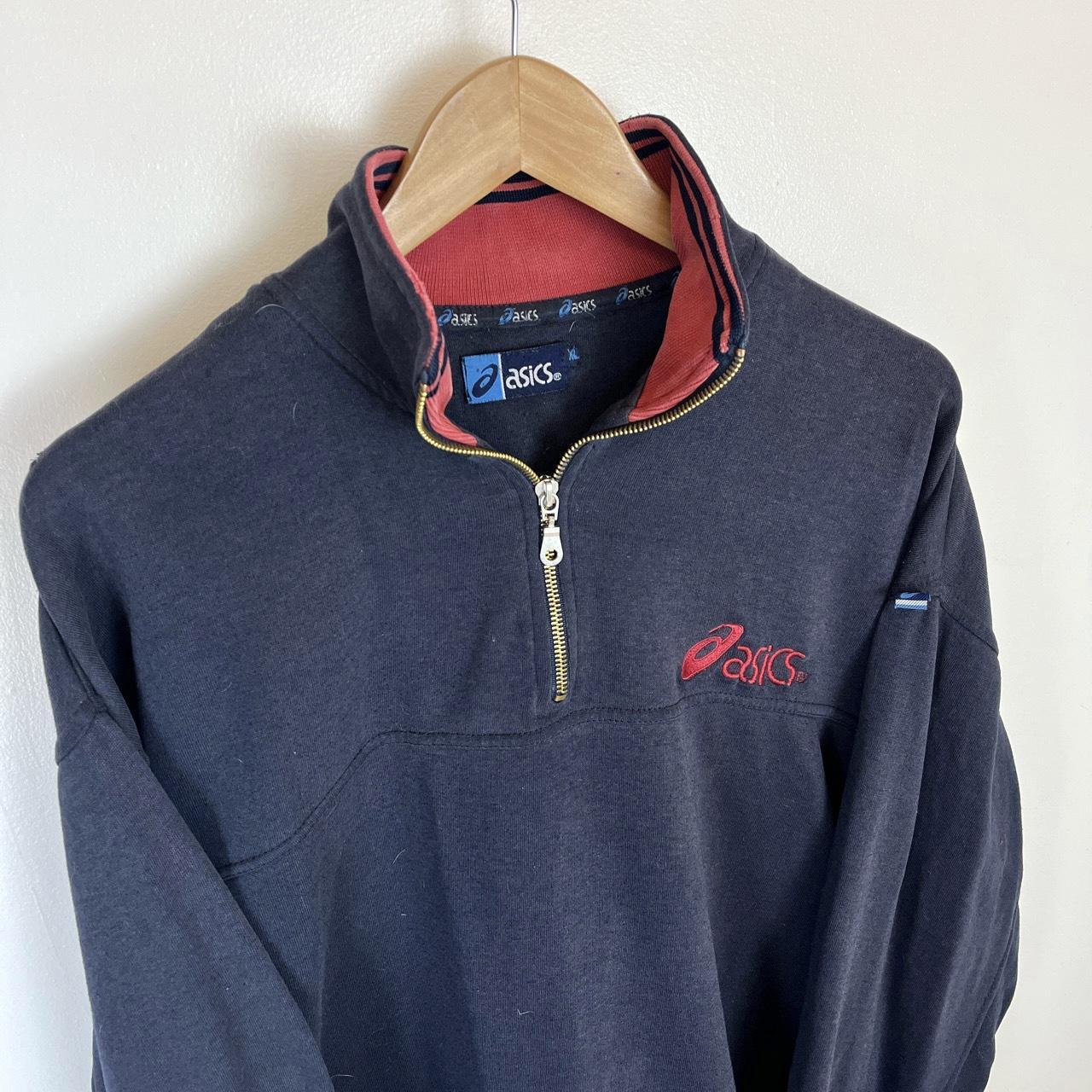 90’s ASICS Navy Blue & Red Quarter Zip Sweatshirt... - Depop
