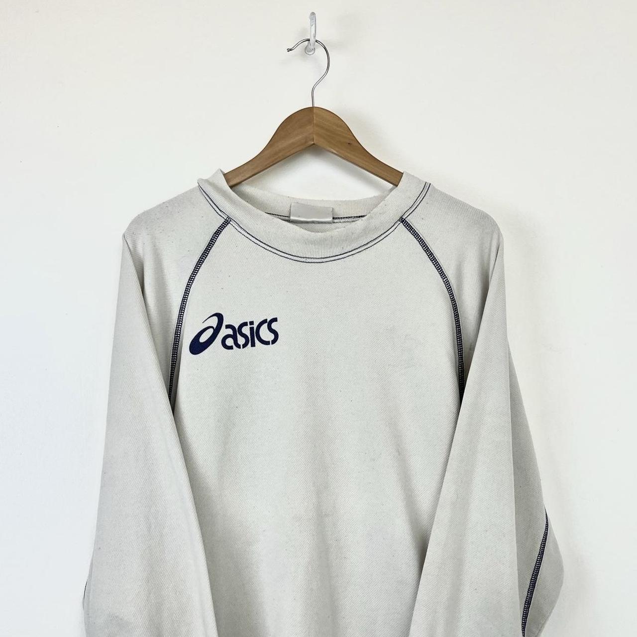 00’s ASICS Cream And Blue Contrast Stitch Pullover... - Depop
