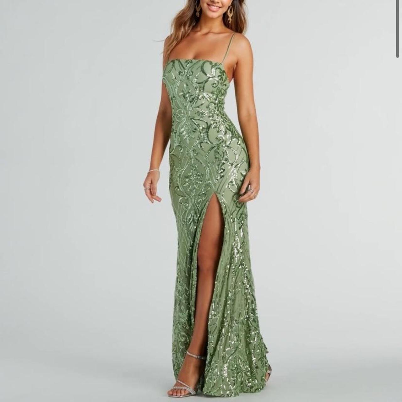 Sage green prom dress with slit #sequins #prom... - Depop
