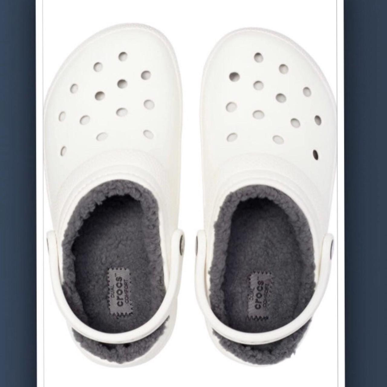 Fur Lined Crocs White Crocs with gray faux fur... - Depop
