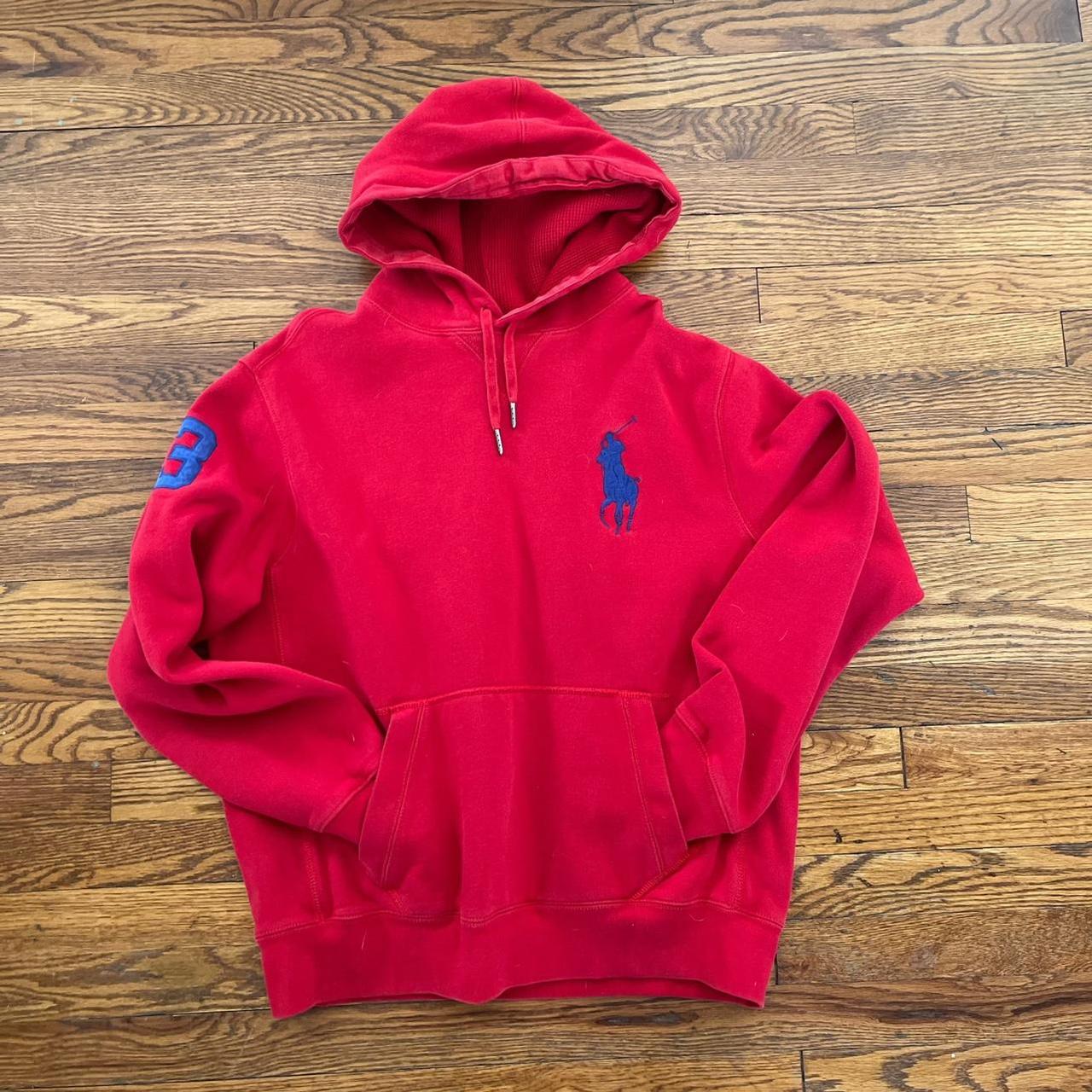 Red and blue Polo Ralph Lauren hoodie stain on side... - Depop