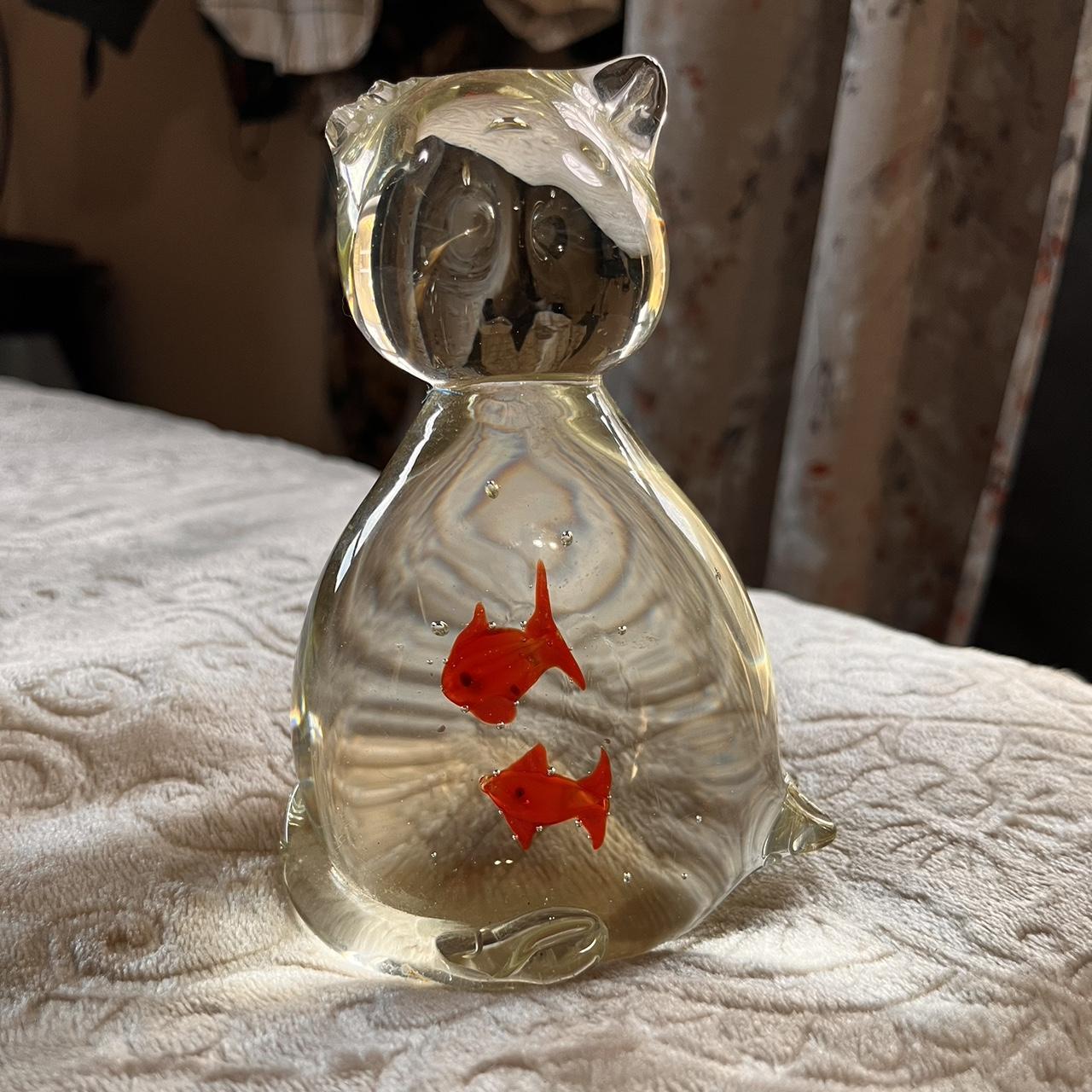 Cute blown glass cat statue with goldfish inside... | Depop